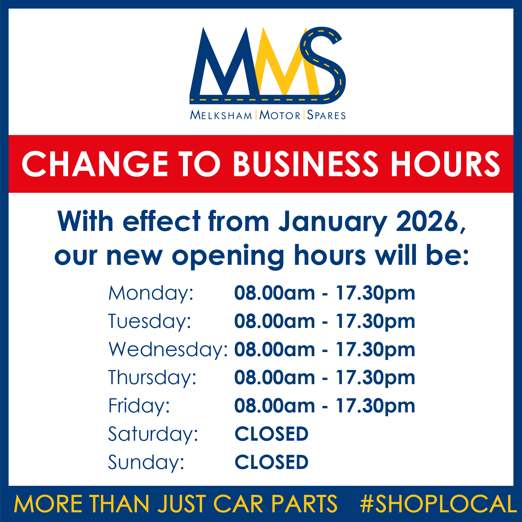 Change to Business Hours | Melksham Motor Spares News